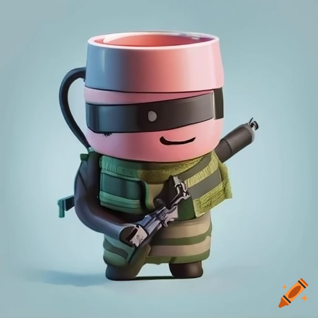 Kawaii coffee mug with tactical vest holding a gun