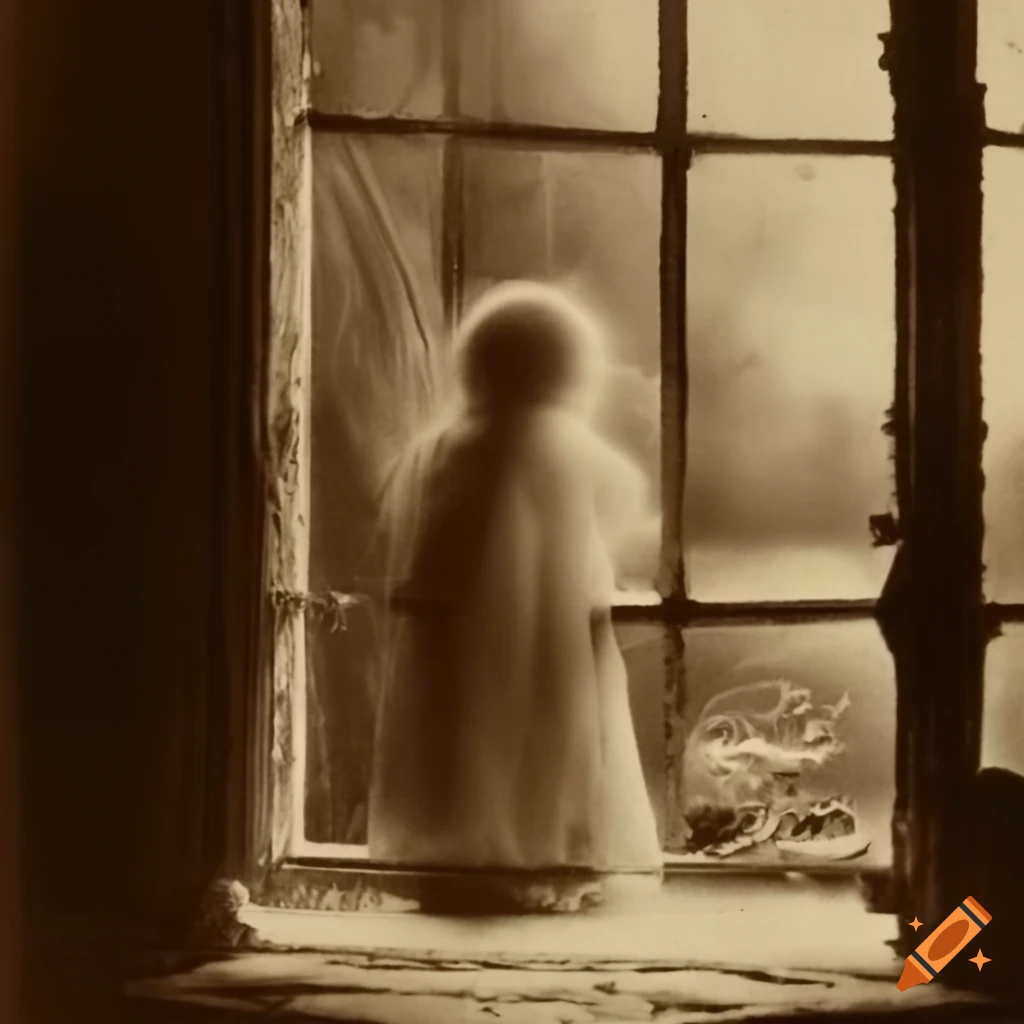 Sepia vintage photo of ghost child in window on Craiyon