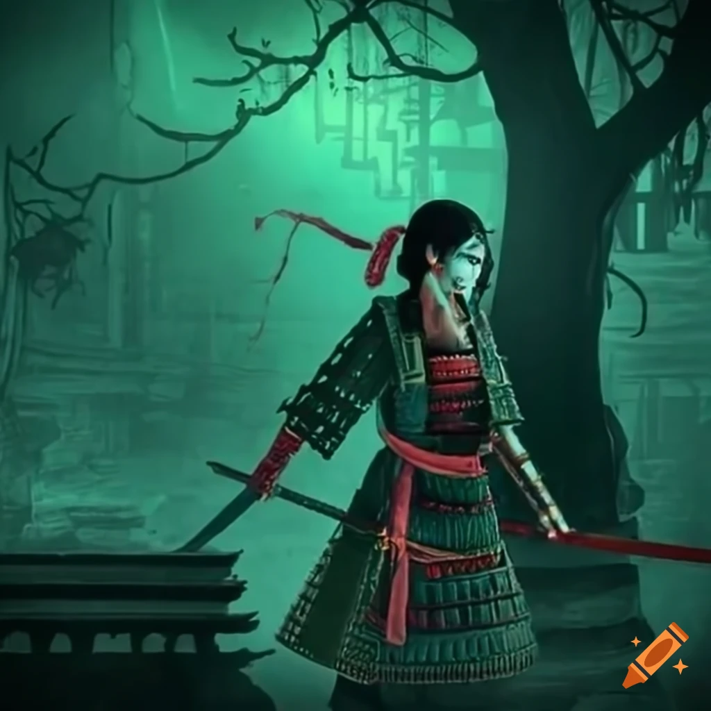 Sinister temple scene with a female samurai and slain demon on Craiyon