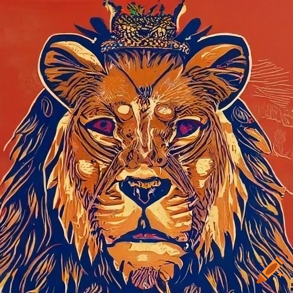 Linocut of maymon demon king of the south riding a lion on Craiyon