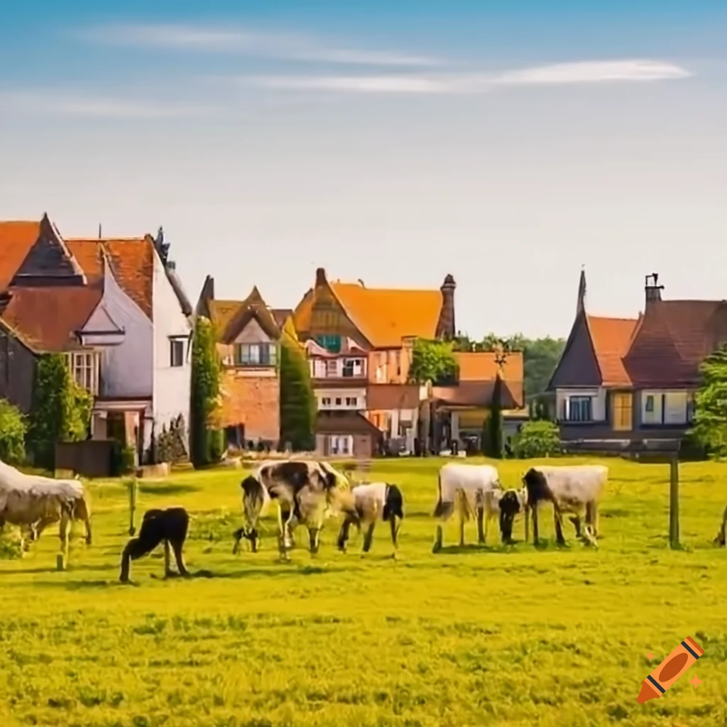 Vibrant mix of traditional and modern village with farm animals on Craiyon