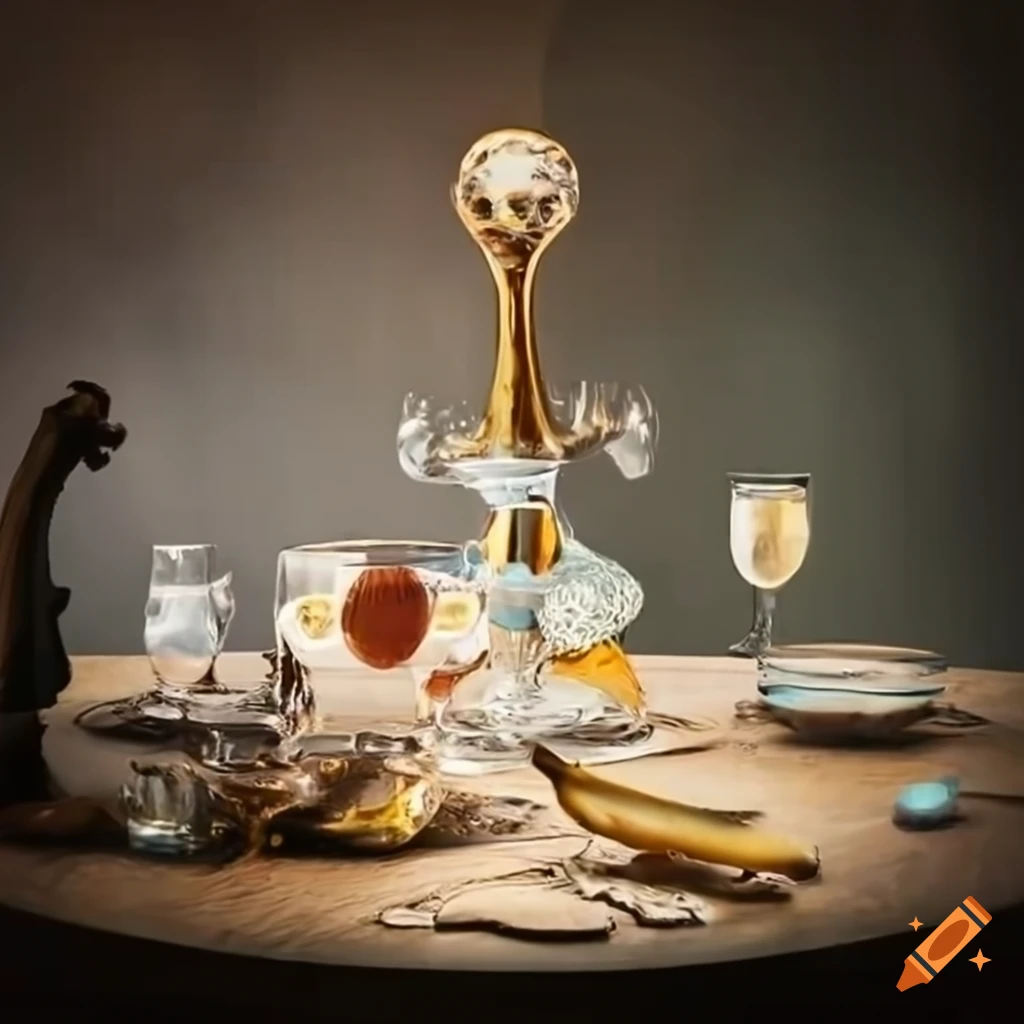 Surrealist pastries on a table with glasses and whimsical objects on ...
