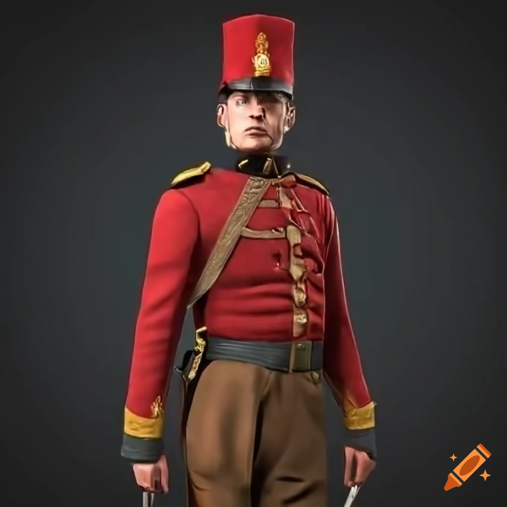 Realistic rendering of a male soldier in red uniform on Craiyon