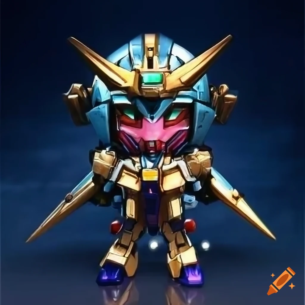 Chibi gundam robot with metallic armor and jetfighter wings on Craiyon