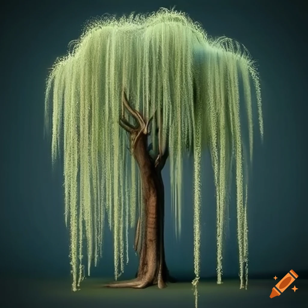 Glass sculpture of a weeping willow tree on Craiyon