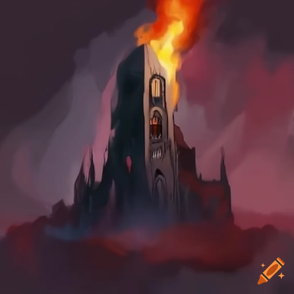 Dark tower exploding in a burst of fire