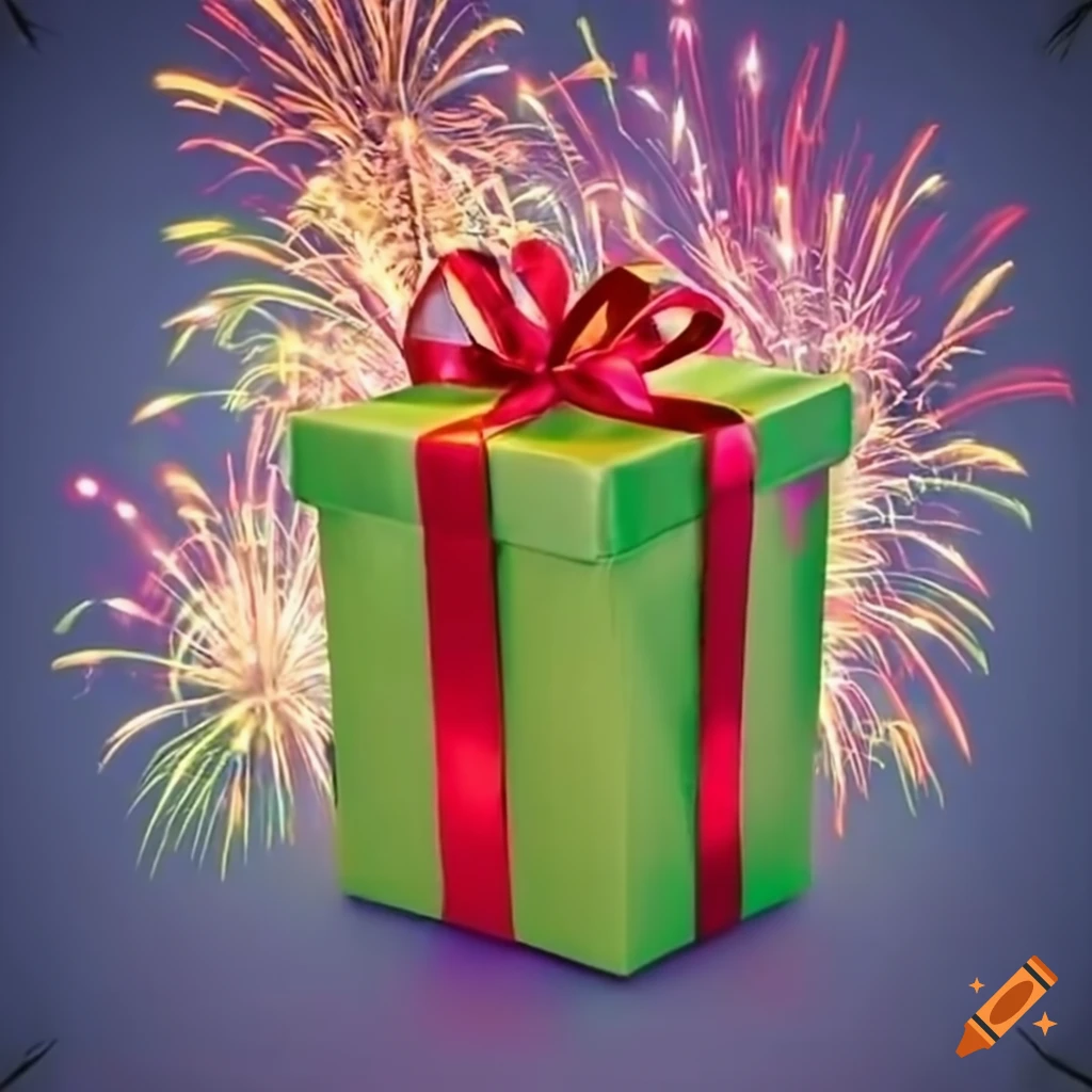 Colorful gift with fireworks in the background on Craiyon