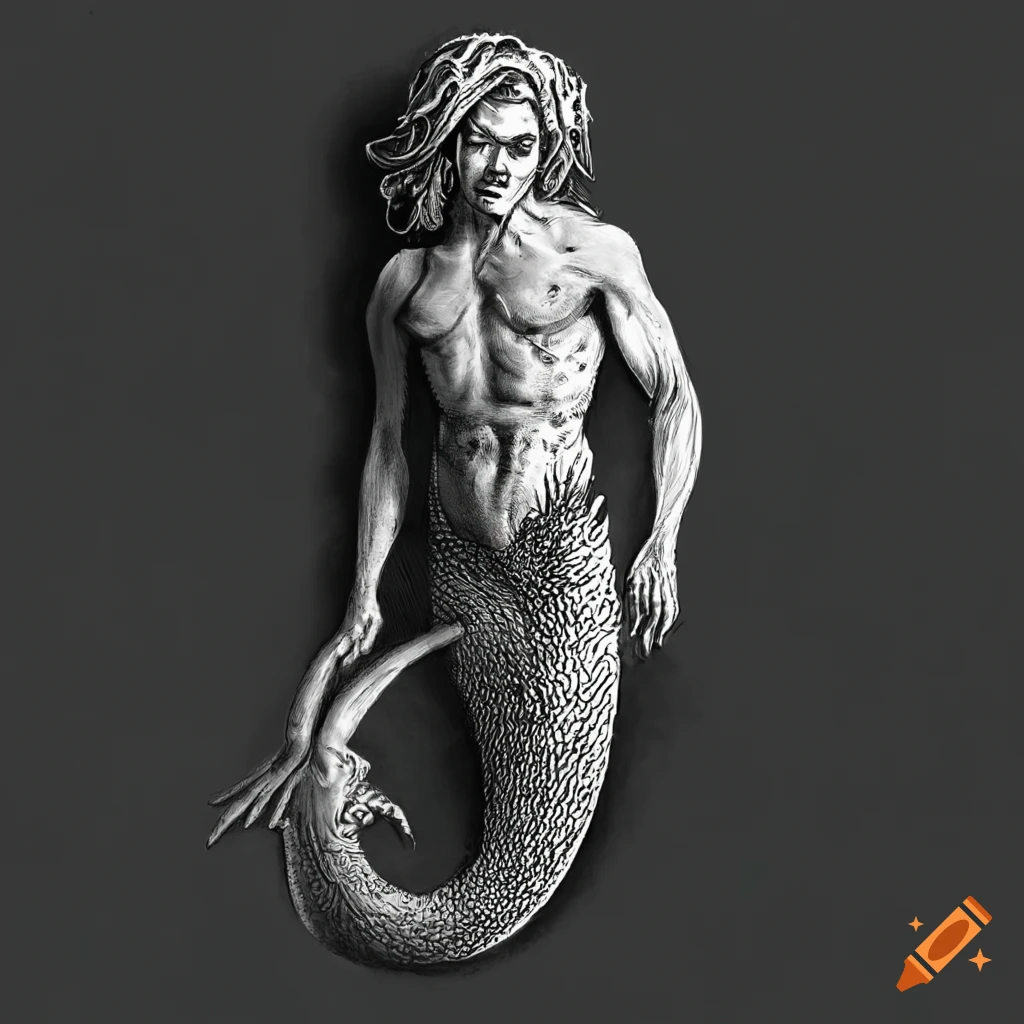 Detailed etching of a lovecraftian merman on Craiyon