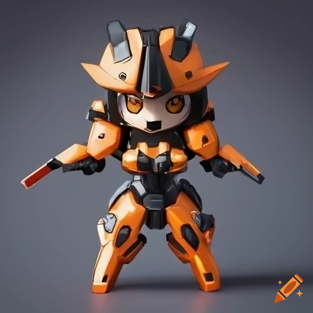 Chibi black and orange Gundam robot with tanuki armor on Craiyon