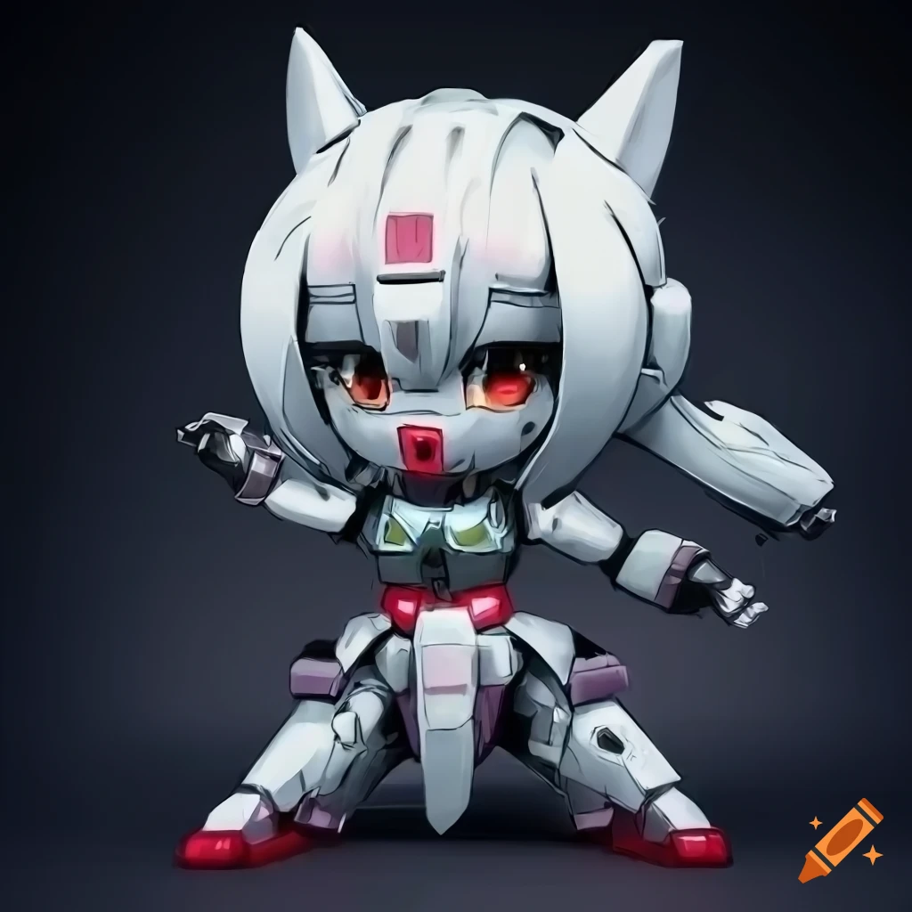 Chibi metallic Gundam with a kitsune-inspired female armor on Craiyon