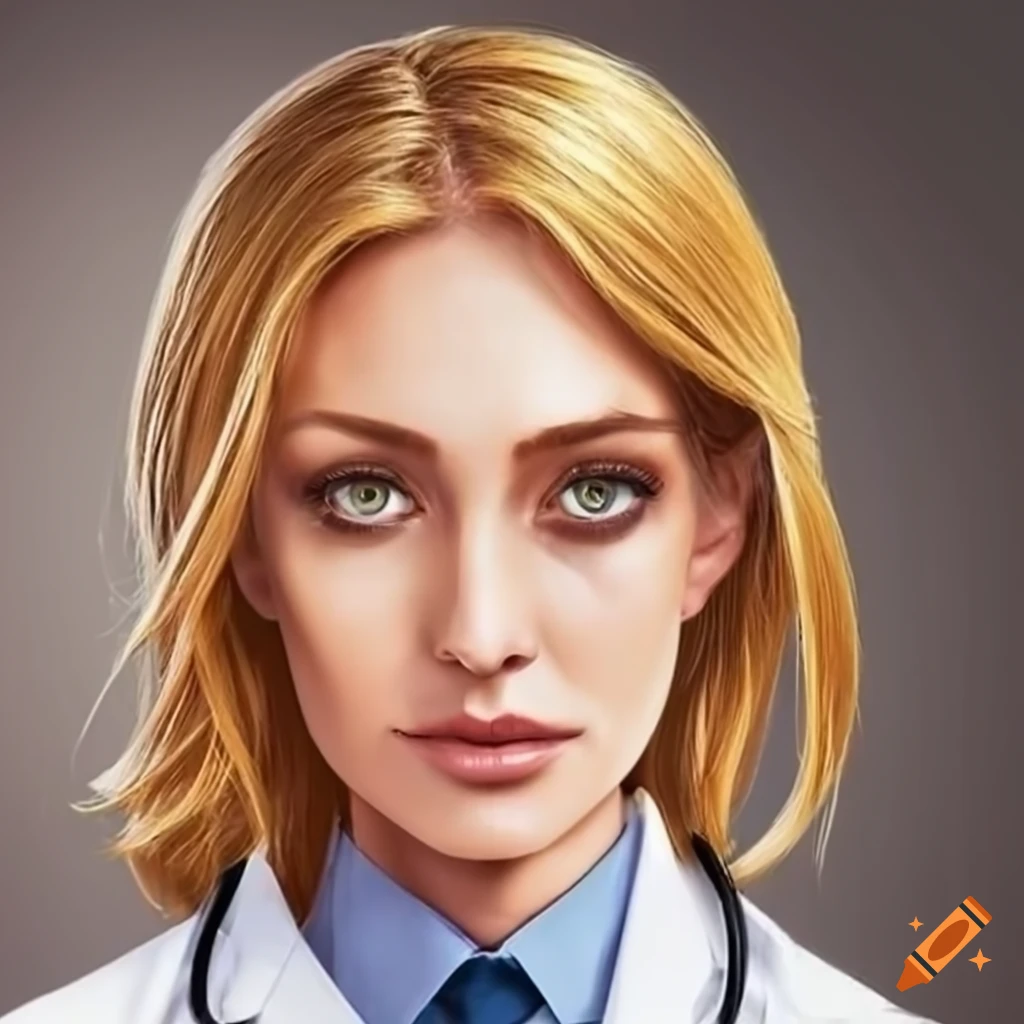 Portrait of a skilled doctor with hazel eyes and golden hair on Craiyon