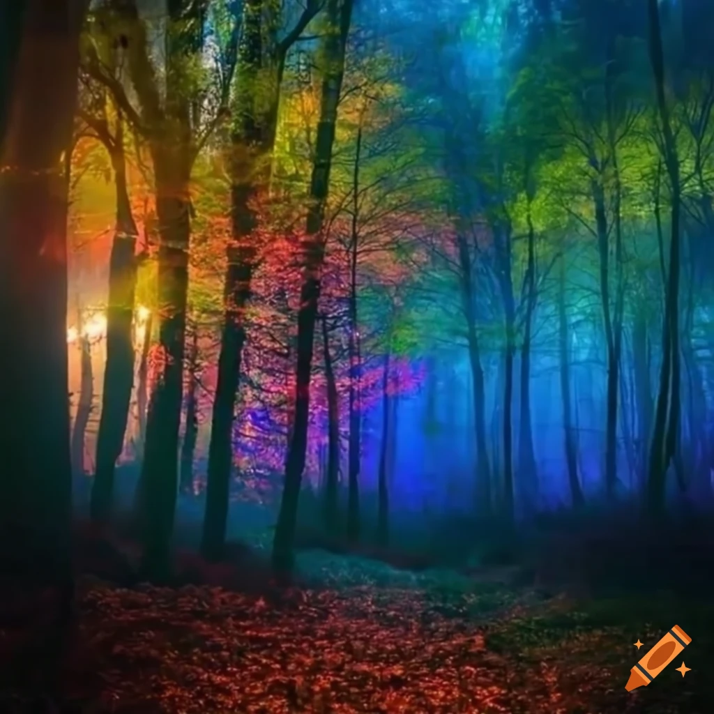 Enchanted forest with sparkling lights and rainbow-colored trees