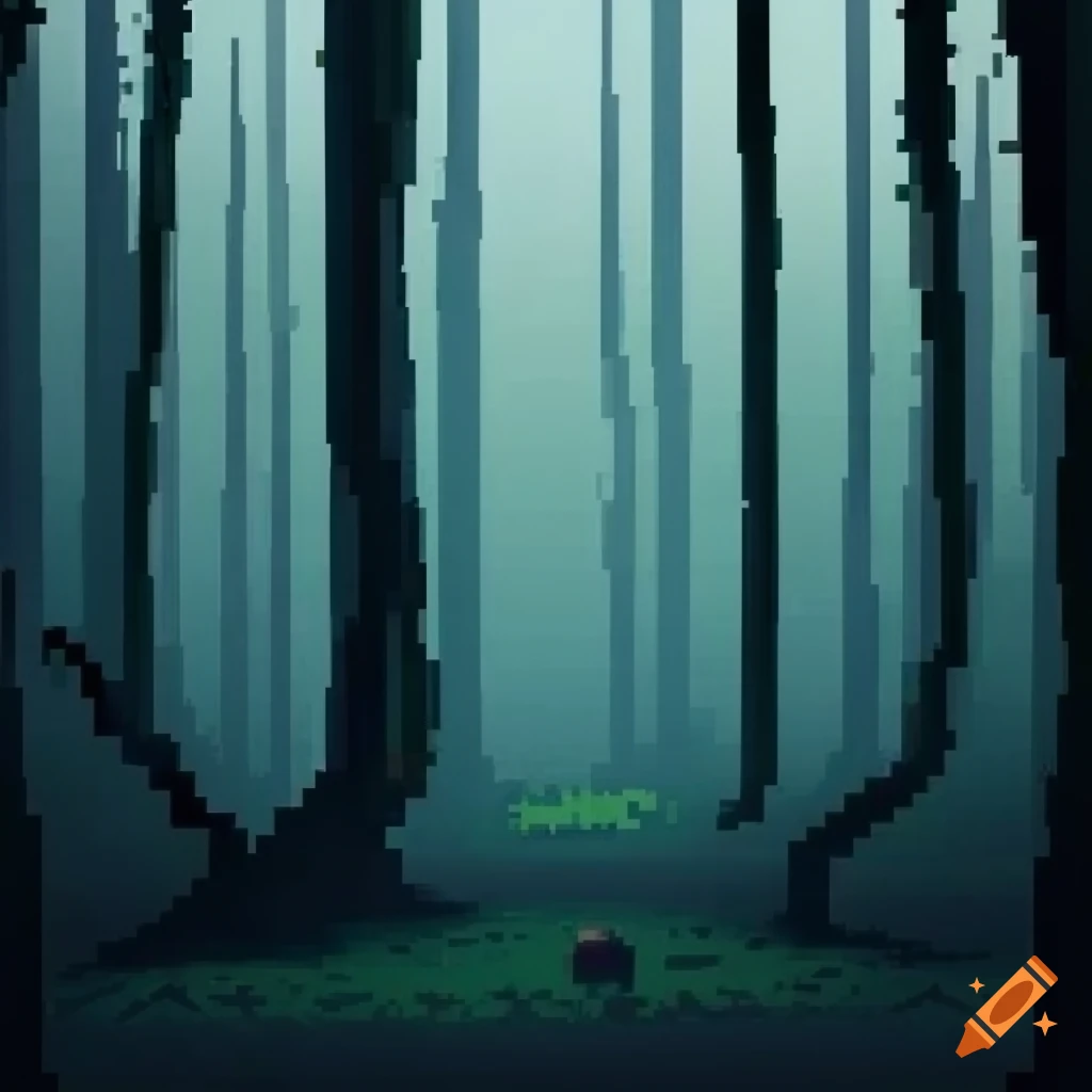 Pixel art, dark mystic forrest, fire place in the middle on Craiyon