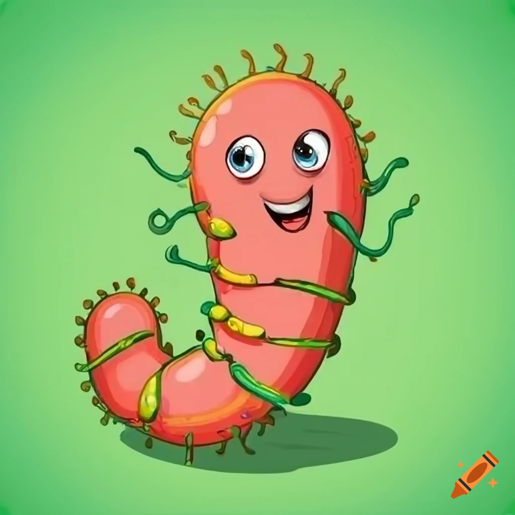 Cartoon graphic of a bacteria cafeteria with a worm sandwich on Craiyon