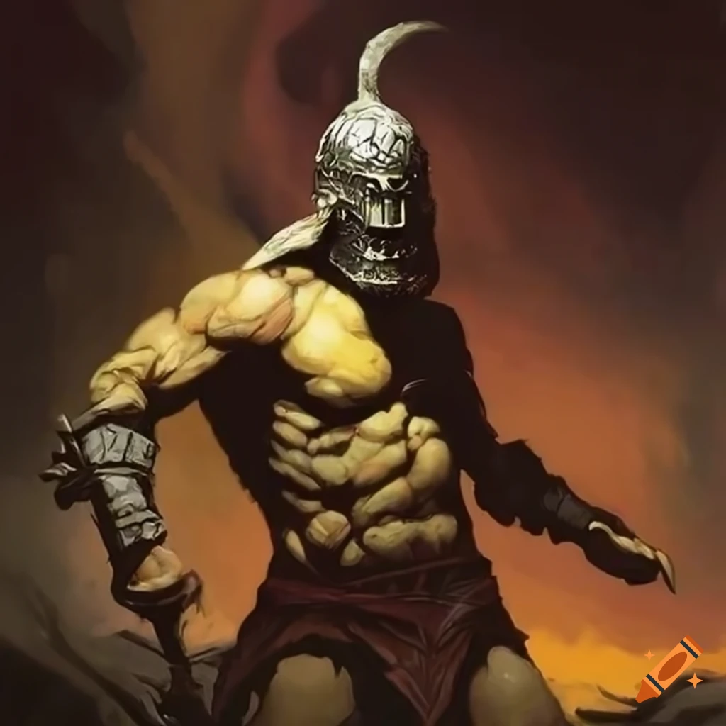Myrmillo gladiator resting after battle in frazetta style artwork on ...