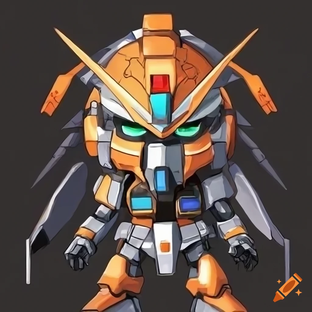 Chibi gundam robot with black, orange, and white armor on Craiyon