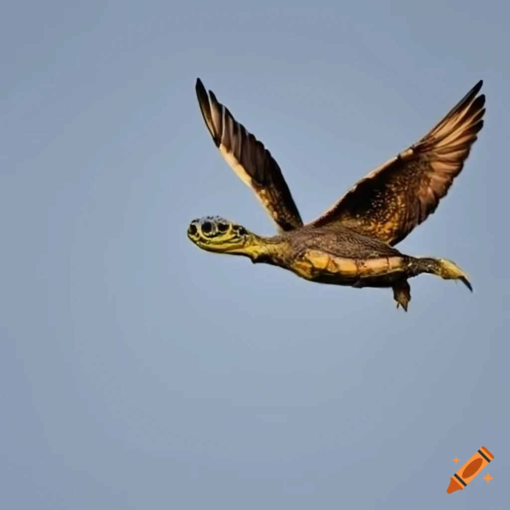 Digital art of a winged turtle soaring through the sky on Craiyon