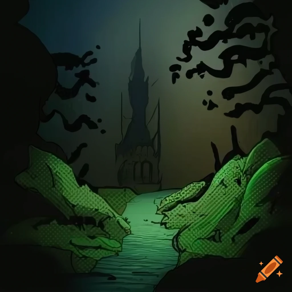 Cartoon illustration of a dark path in a strange land on Craiyon