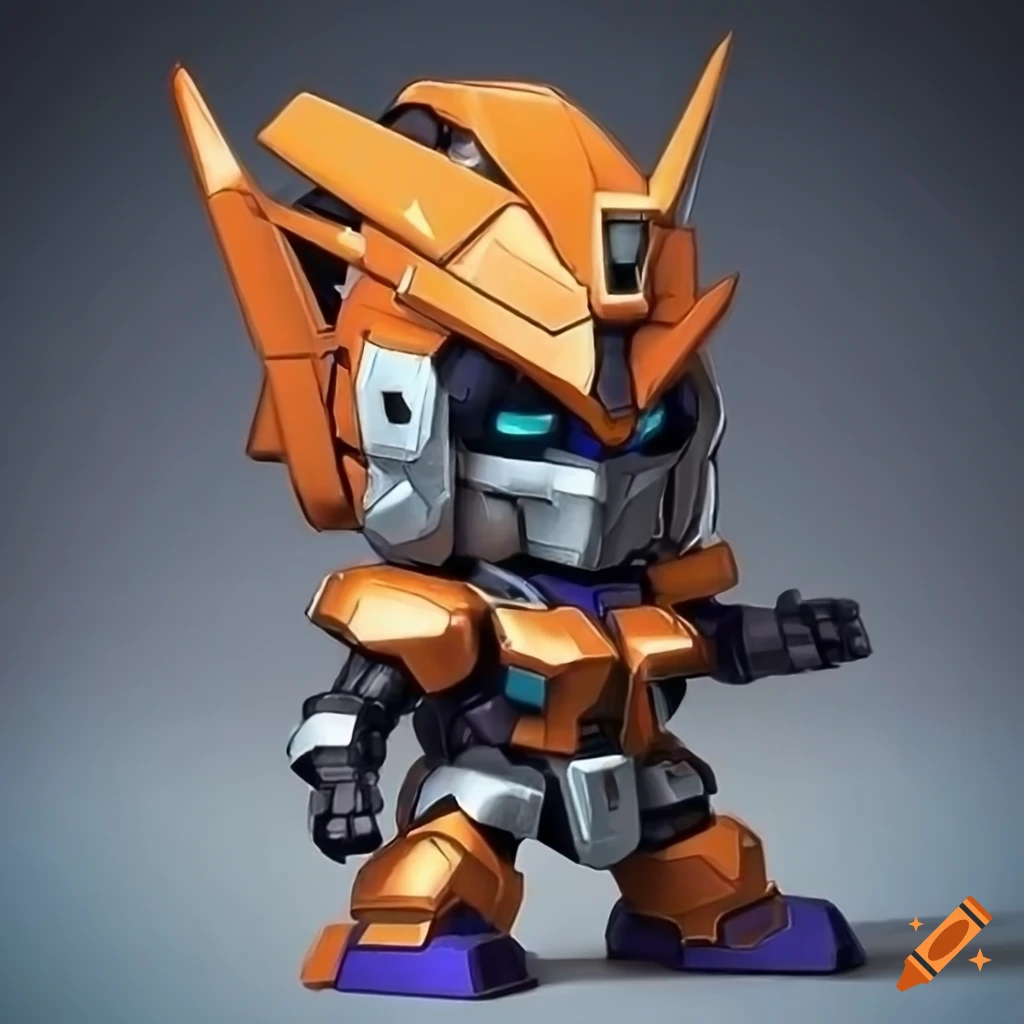 Chibi gundam robot with black, orange, white and grey metallic armor on ...