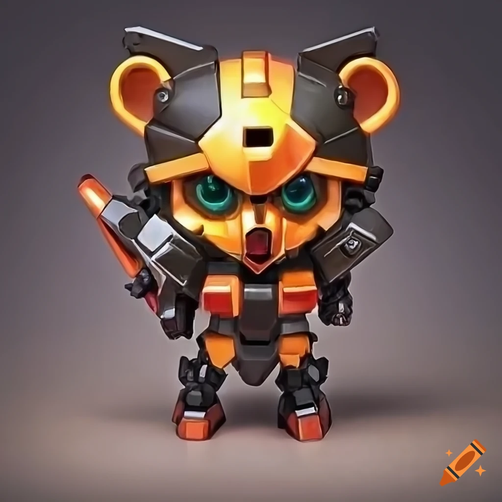 Chibi tanuki-themed female robot with black and orange armor on Craiyon