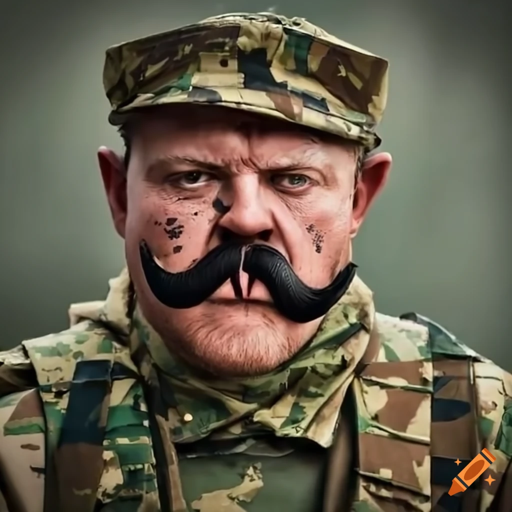 Comic image of a man pleading with comically large moustache on Craiyon