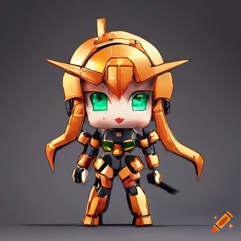 Chibi gundam robot with orange and black metallic armor on Craiyon