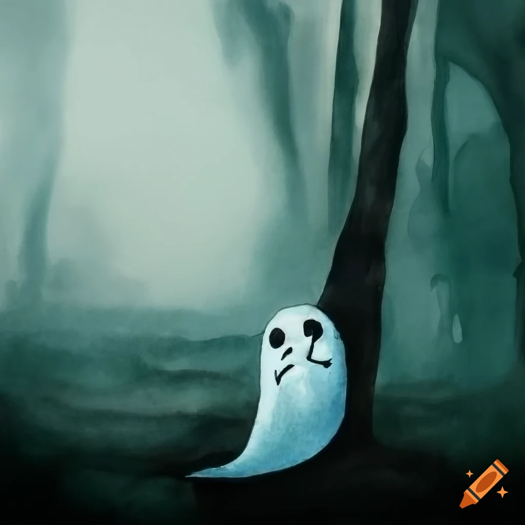 Watercolor painting of a sad cartoon ghost in a smoky field on Craiyon