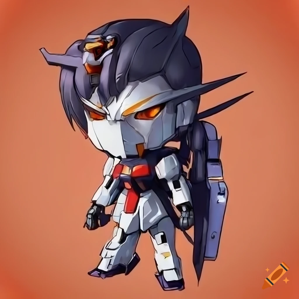 Chibi gundam robot with black, orange, and white armor