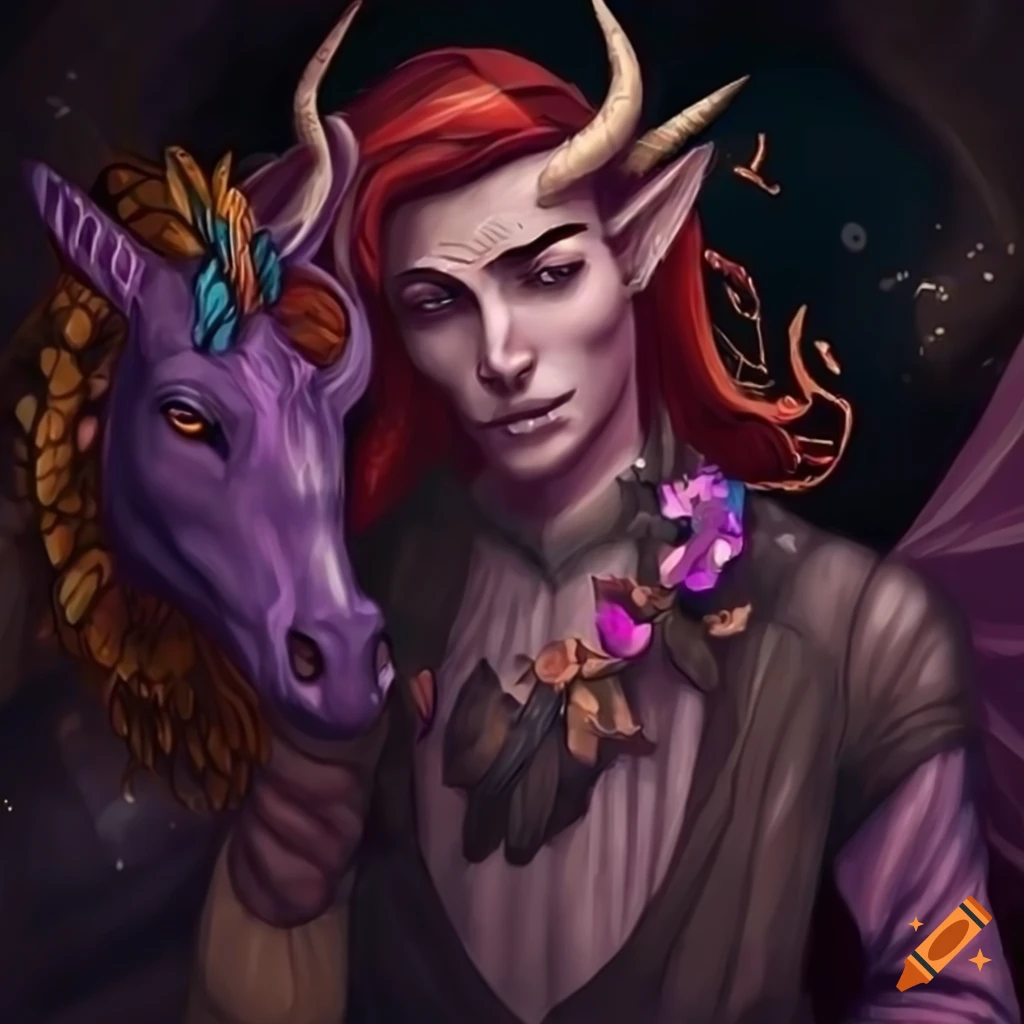 Illustration of a male tiefling wizard riding a unicorn