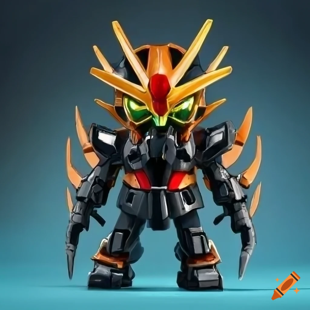 Chibi gundam robot with black and orange metallic armor on Craiyon