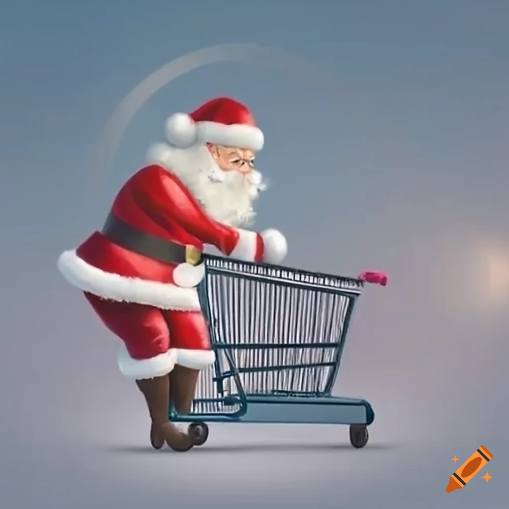 Santa flying a shopping cart in the sky