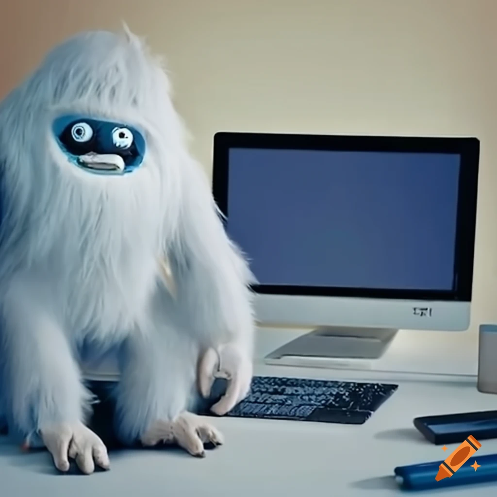 Office desk with a yeti working on Craiyon