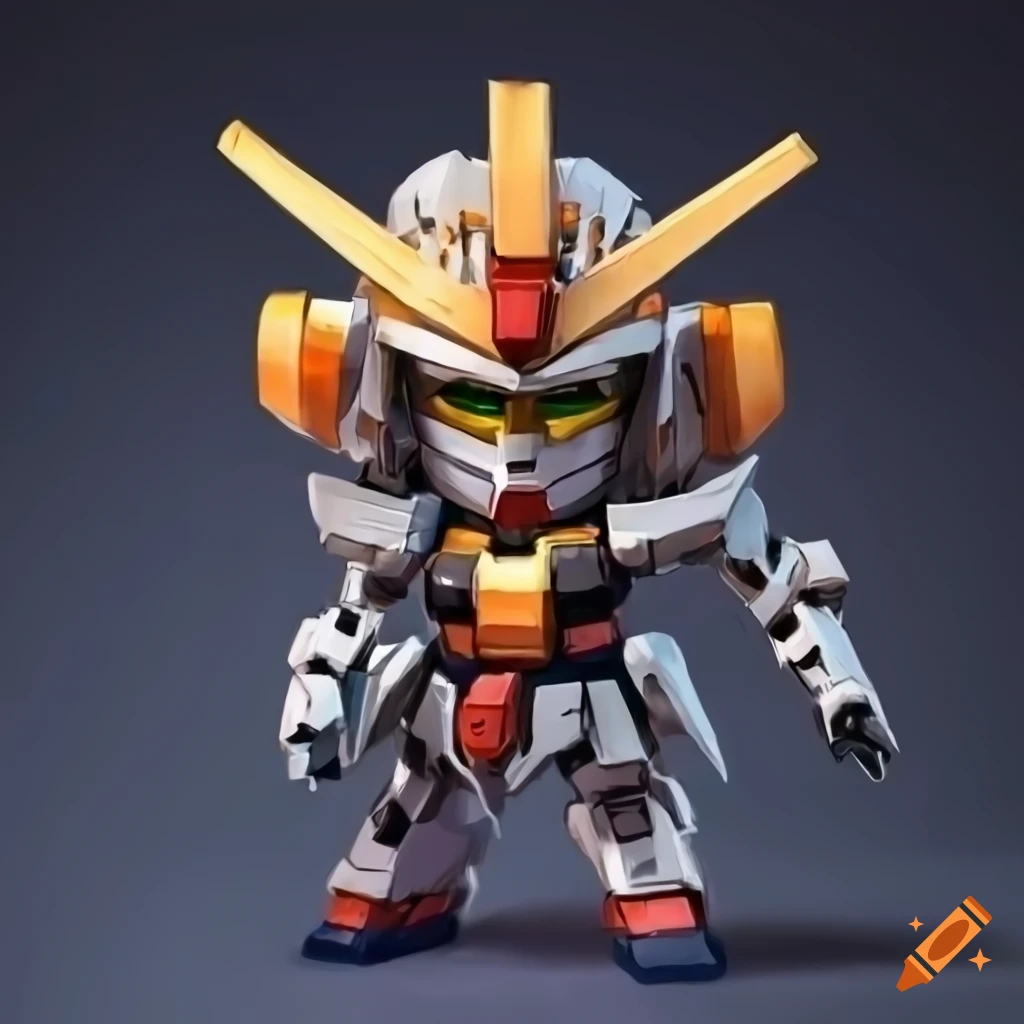 Chibi gundam robot with black, orange, and white armor on Craiyon