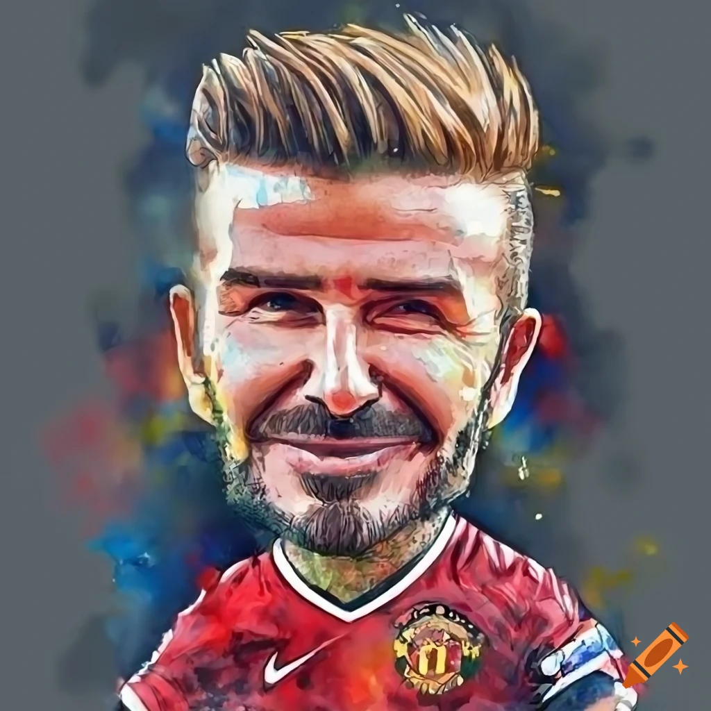 Chibi watercolor caricature of David Beckham in Manchester United ...