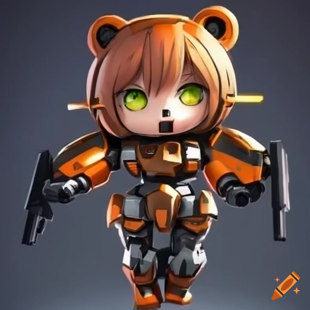 Chibi tanuki-themed female robot with black and orange armor on Craiyon