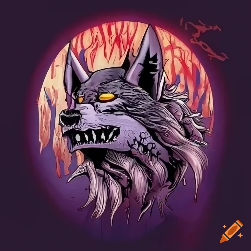 Psychedelic heavy metal comic logo with a wolf on Craiyon