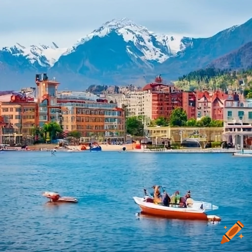 Scenic view of a vacation city with beach and mountains on Craiyon