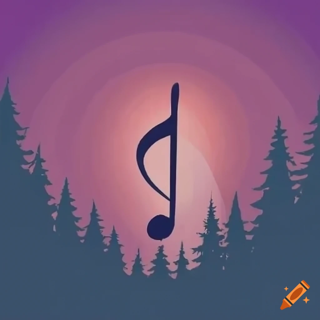 Musical note among pine trees in a mountain town