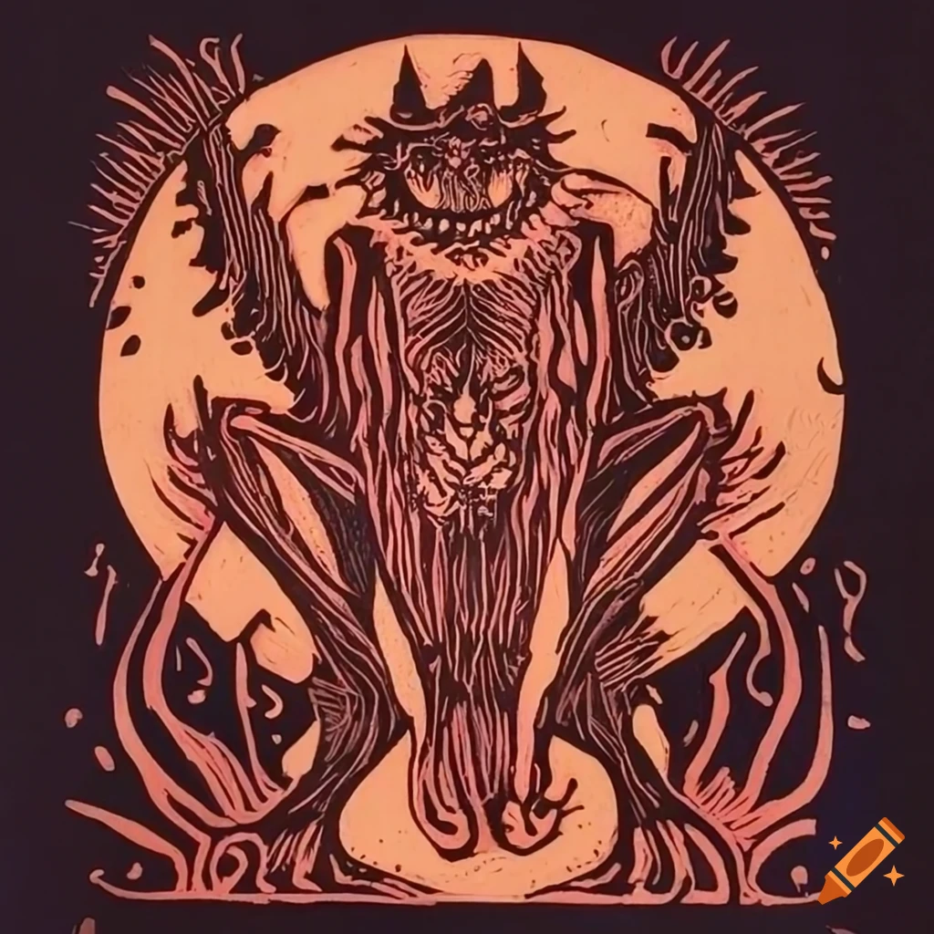 Linocut artwork of tephras the wildfire demon on Craiyon