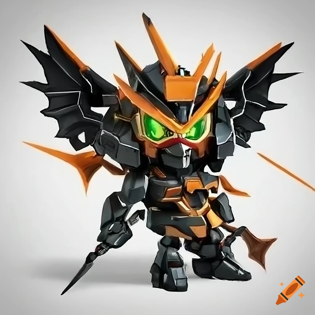 Chibi gundam robot with black and orange metallic armor