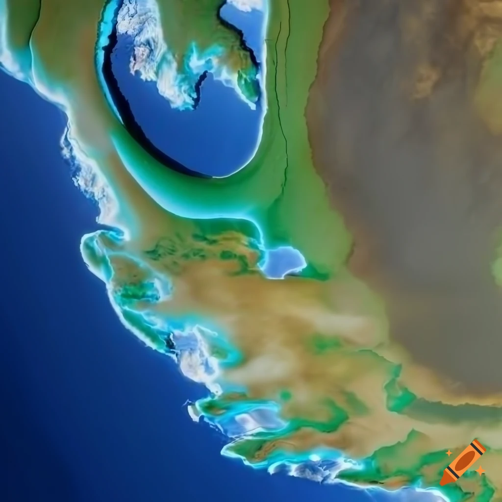 3d satellite map of a region with mountains and ocean on Craiyon