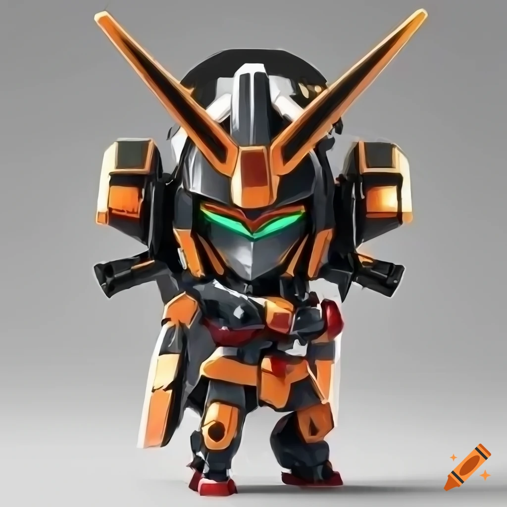 Chibi gundam robot with orange and black metallic armor on Craiyon