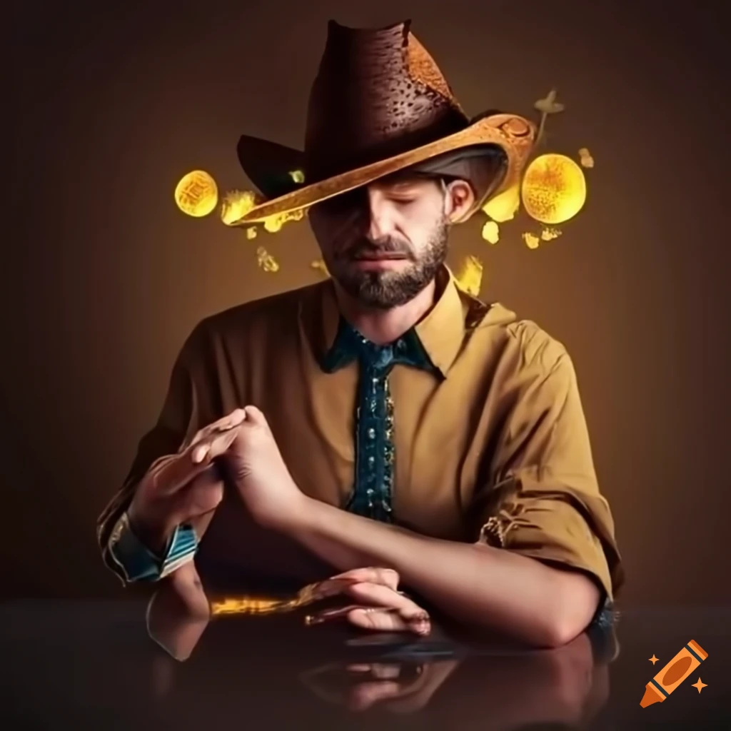 Man with a cowboy hat opening a golden treasure chest on Craiyon
