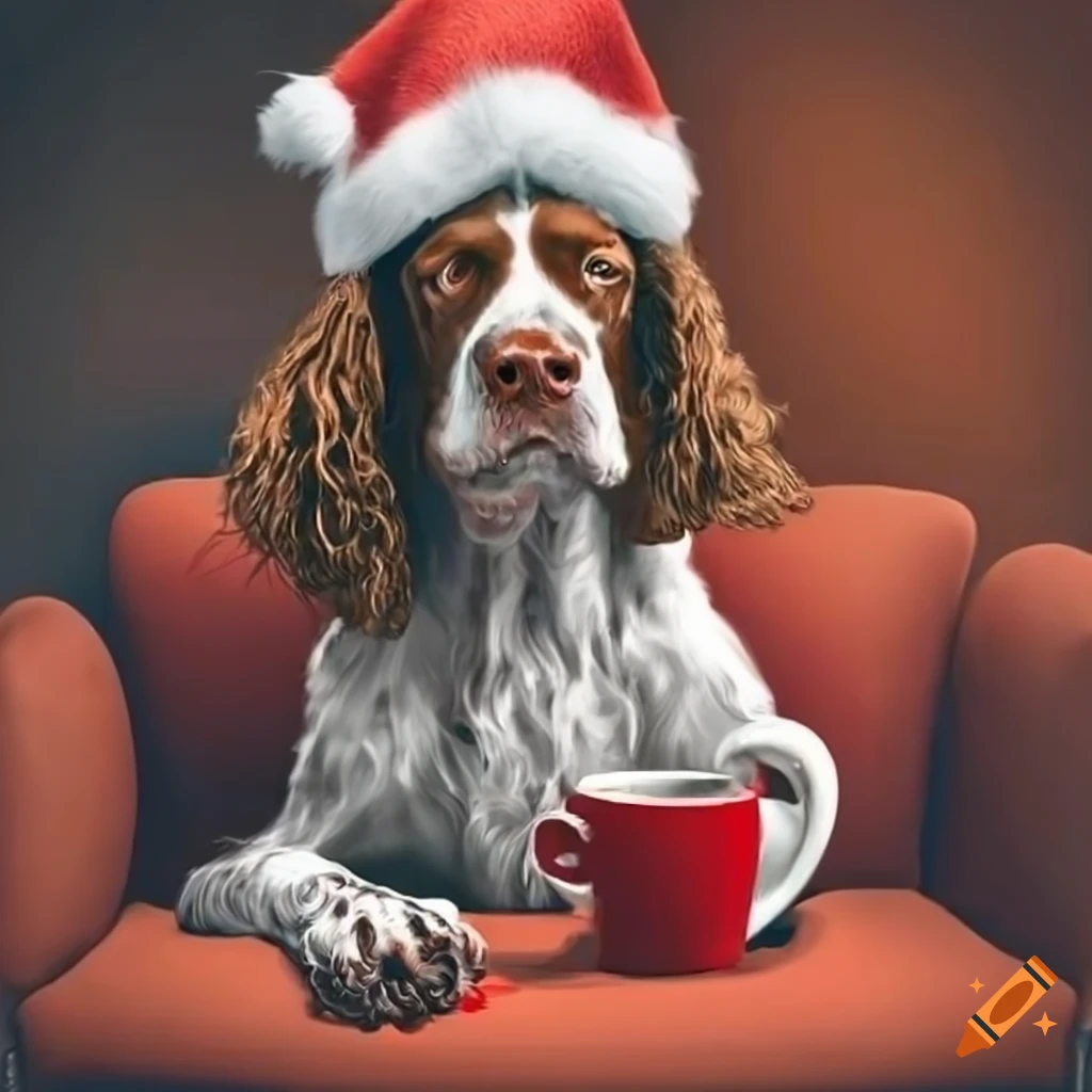 Springer spaniel with Santa Claus hood sitting on an armchair on Craiyon