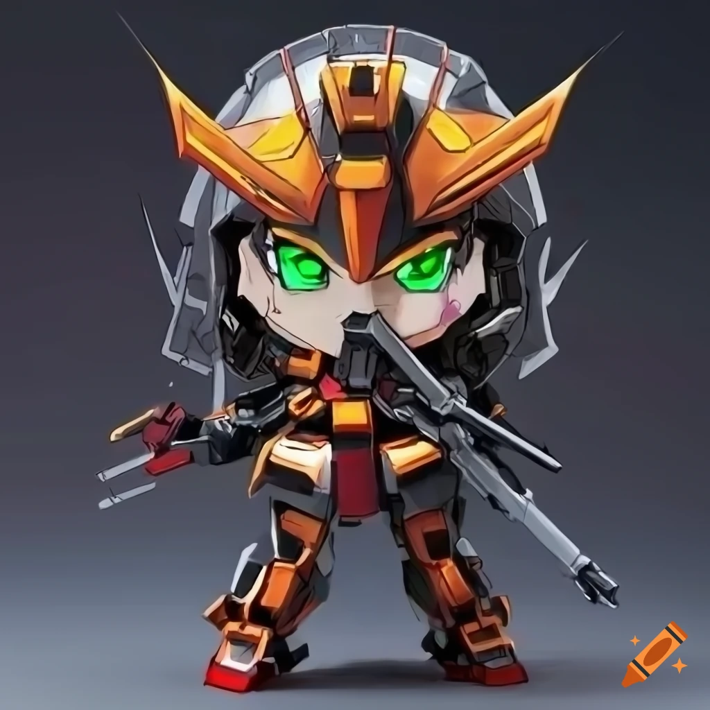 Chibi gundam robot with orange and black metallic armor on Craiyon