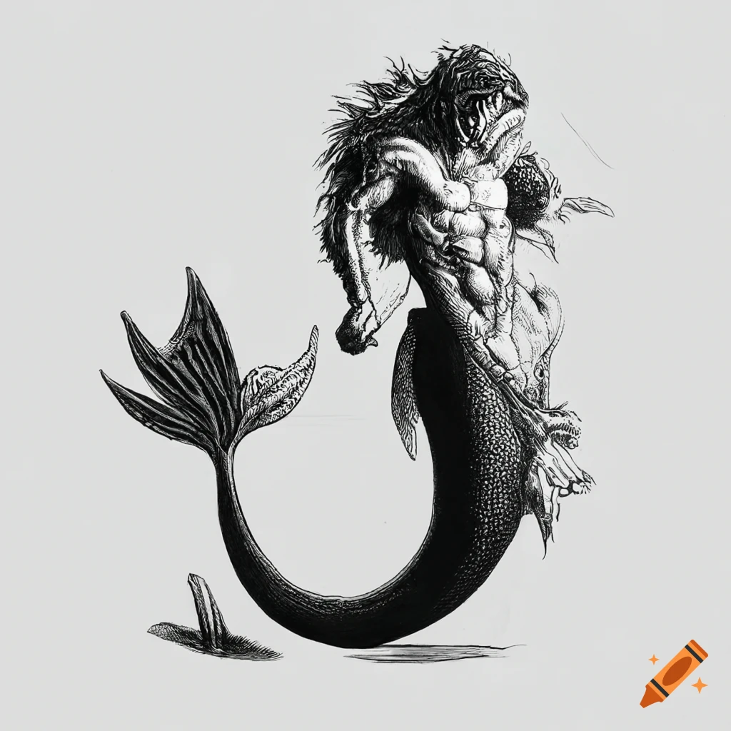 Detailed etching of steve harrington as a merman monster on Craiyon