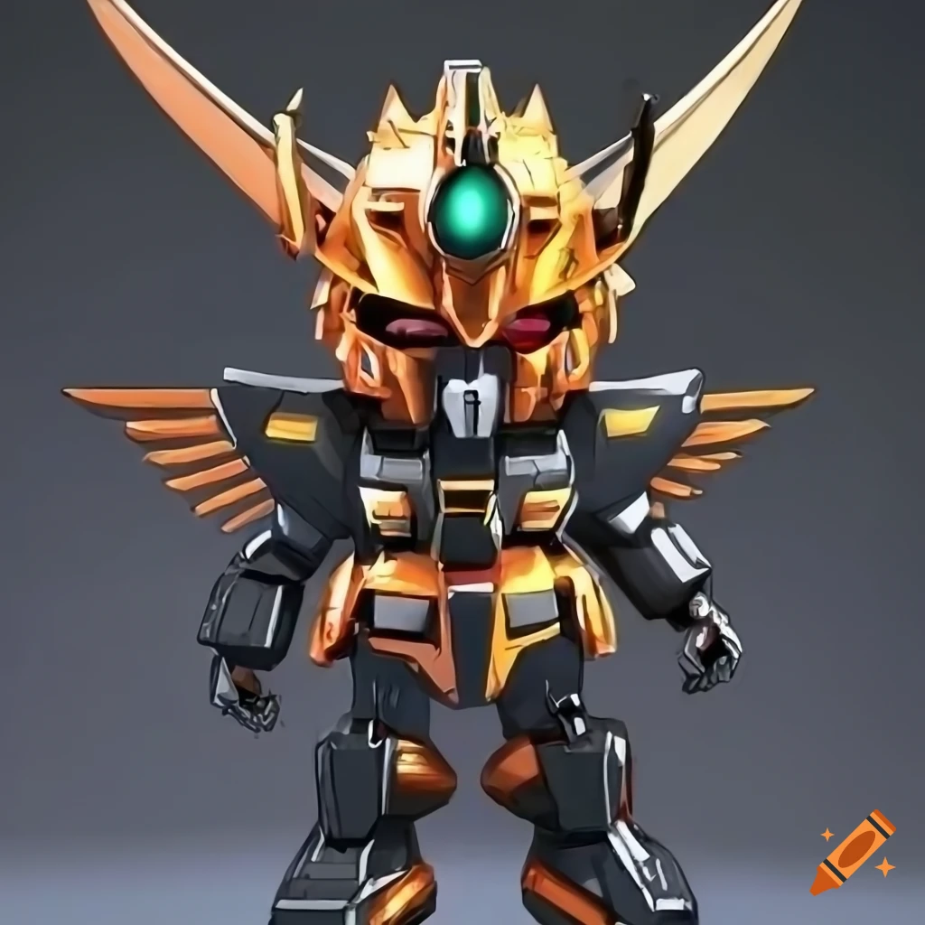 Chibi gundam robot with black and orange metallic armor