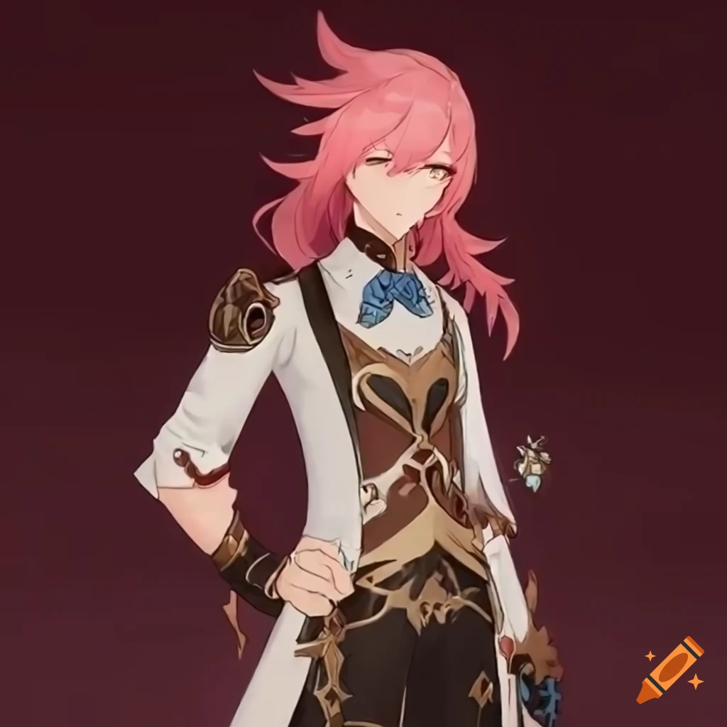 Genshin impact male character with pink hair and steampunk attire on ...