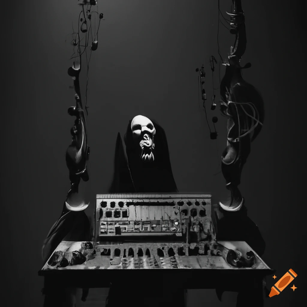 Music production in a dark room with a scary figure on Craiyon