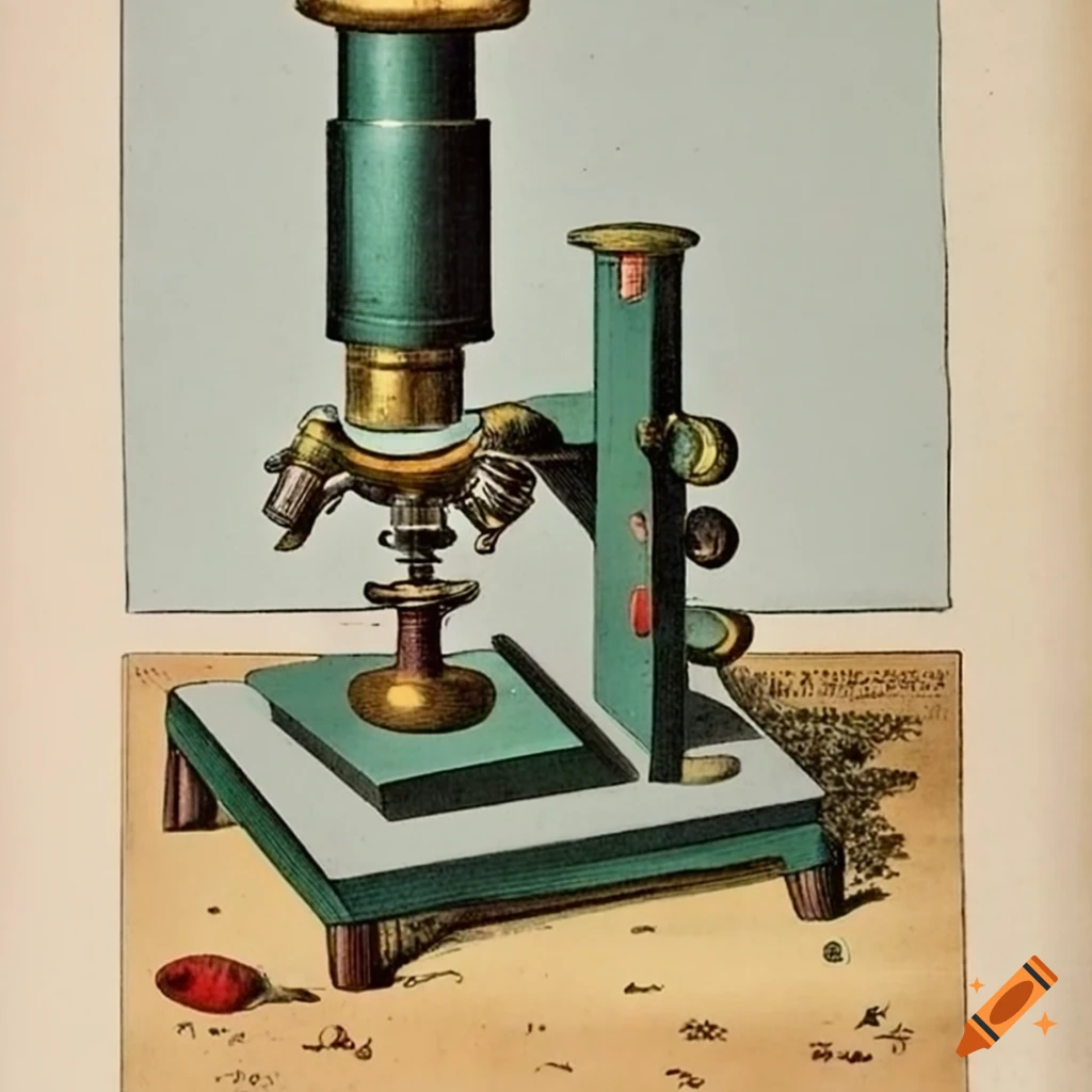 Colorful biological 19th century gravure illustration of microscope ...